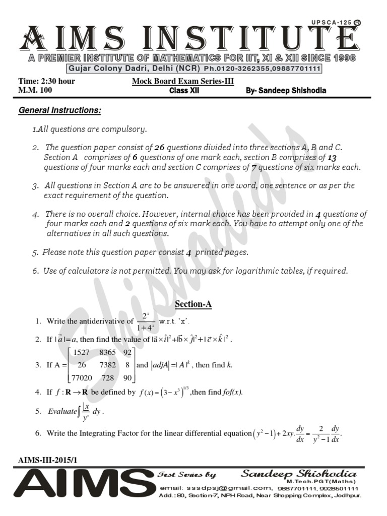 Aims Institute: Time: 2:30 Hour Mock Board Exam Series-III M.M. 100 ...