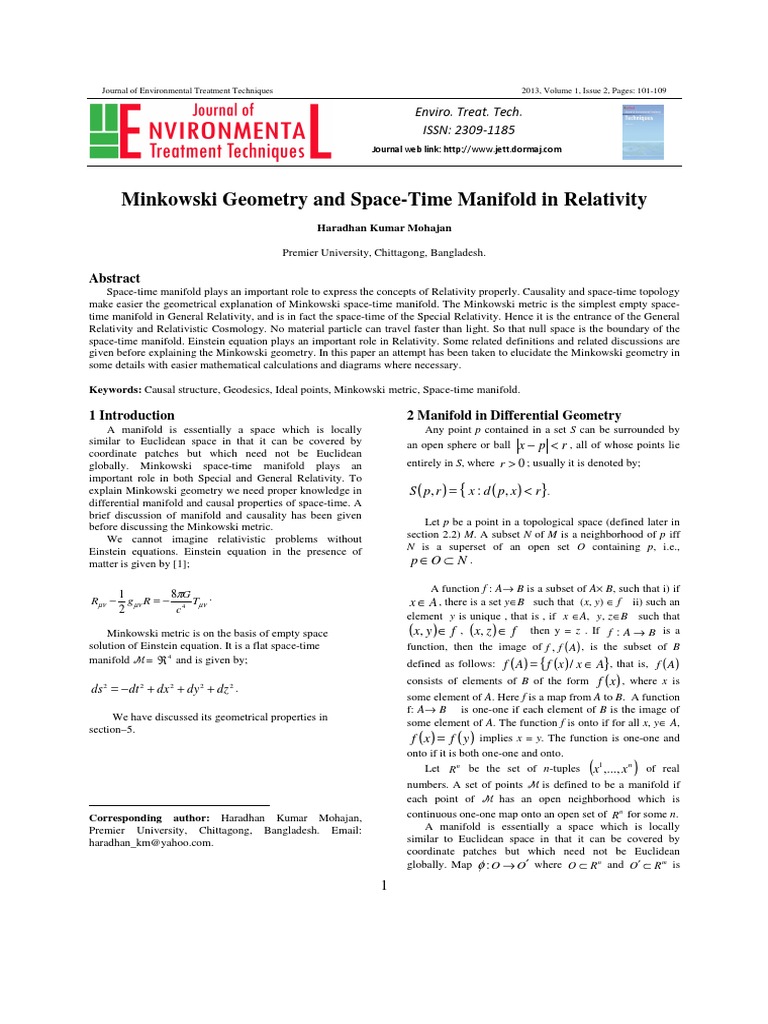 Minkowski Geometry and Space-Time Manifold in Relativity PDF | PDF ...