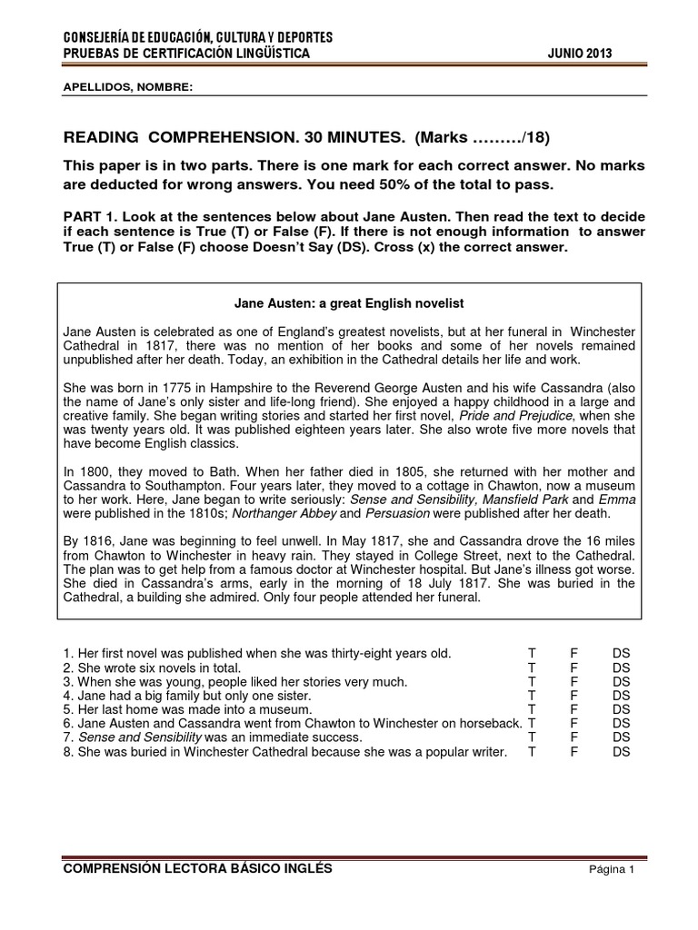 Comprensión Lectora Básico Inglés | PDF