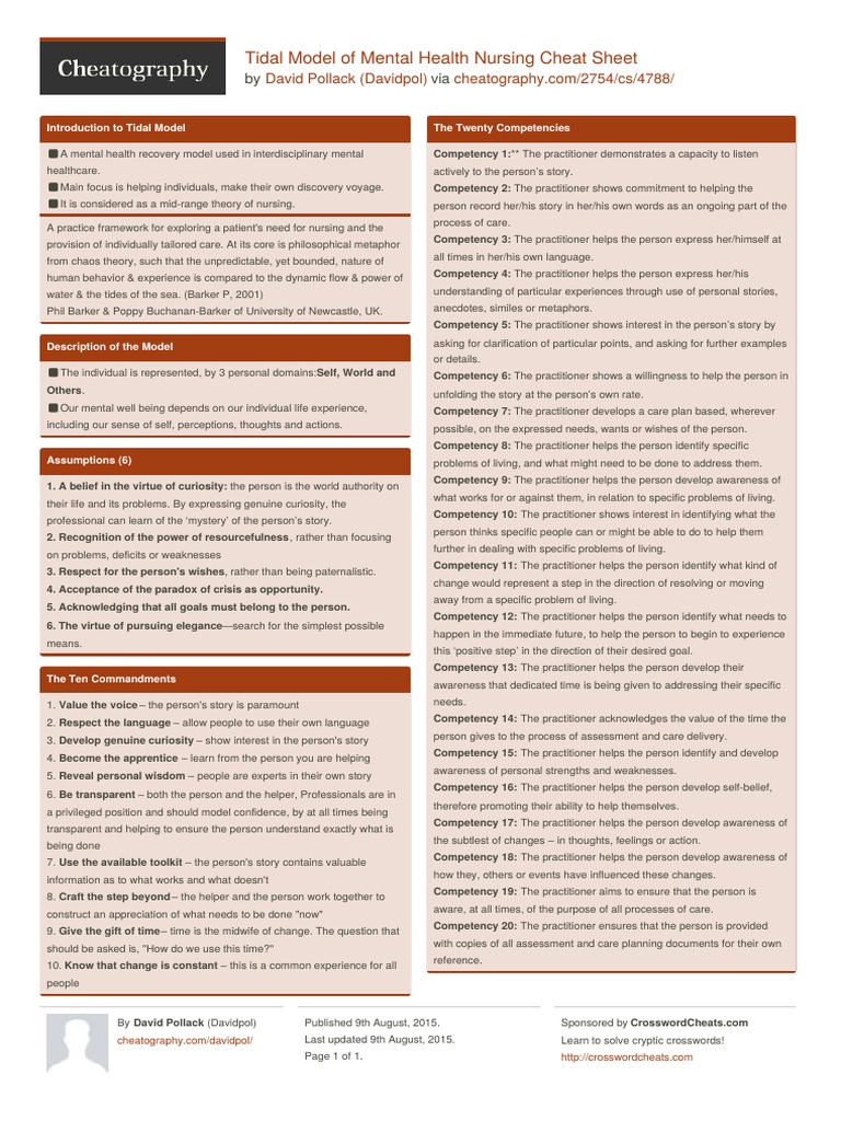 Tidal Model of Mental Health Nursing Cheat Sheet: by Via | PDF ...