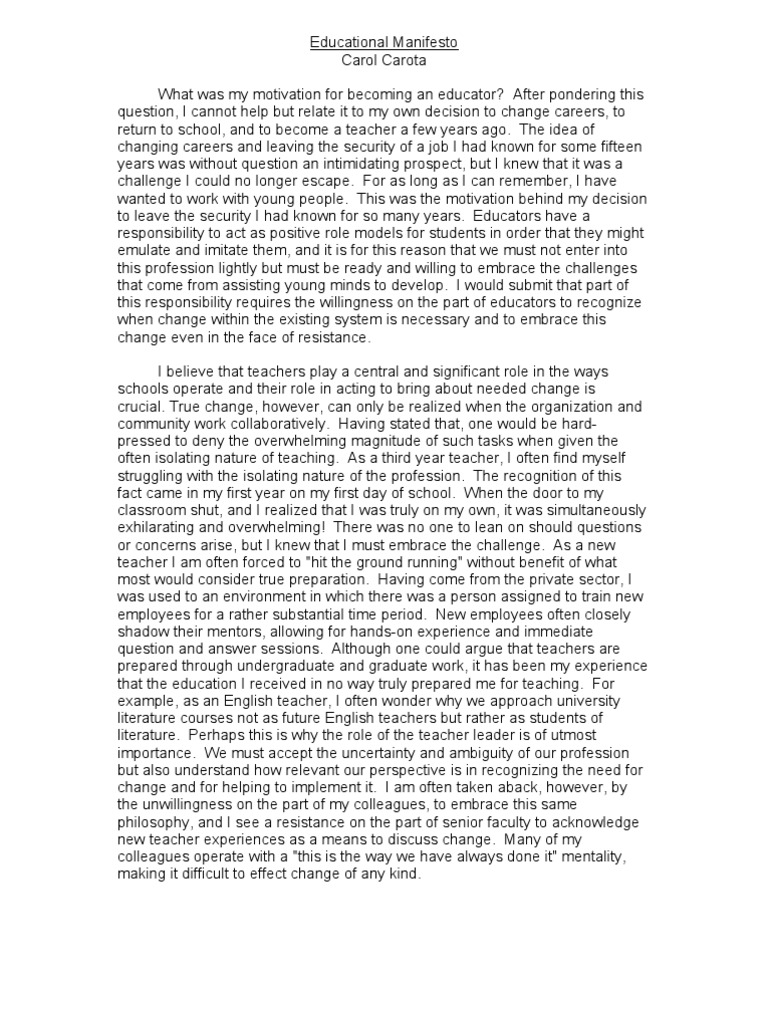 Educational Manifesto | PDF | Teachers | Leadership