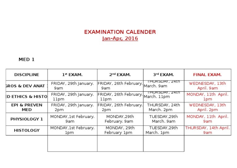 2016 Medical Exam Schedule | PDF | Foreign Language Studies | Wellness