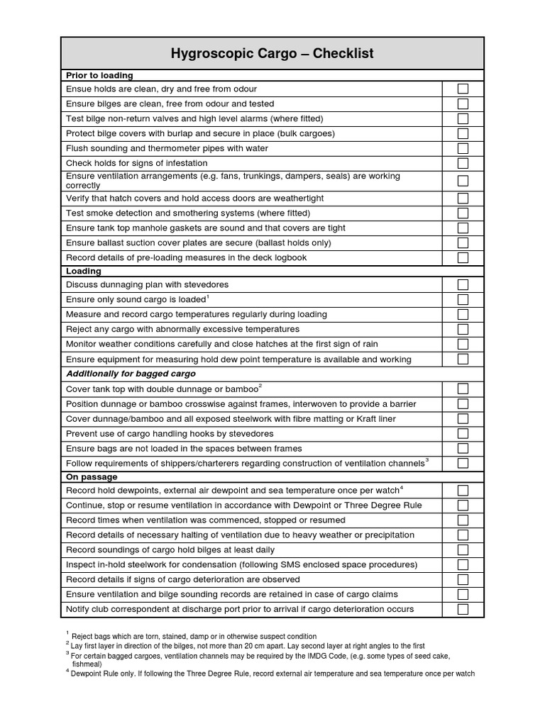 Hygroscopic Cargo – Checklist: Prior to loading