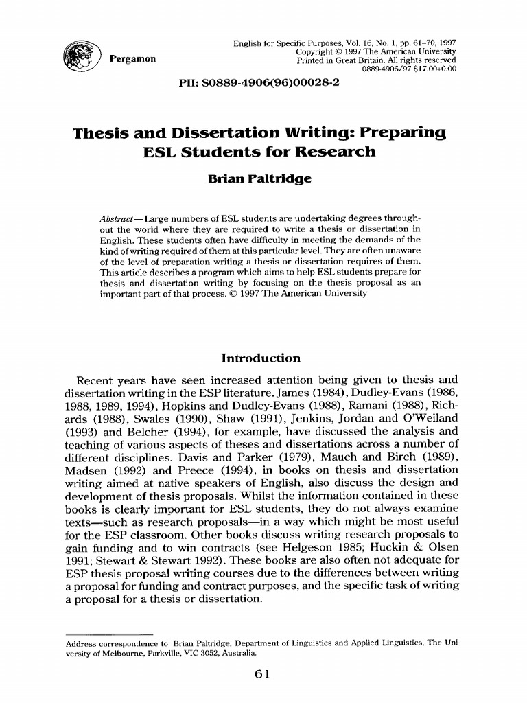Brian Paltridge Thesis and Dissertation Writing: Preparing ESL Students ...