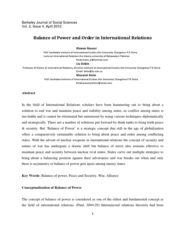 Balance of Power and Order in IR | PDF | Great Power | International ...