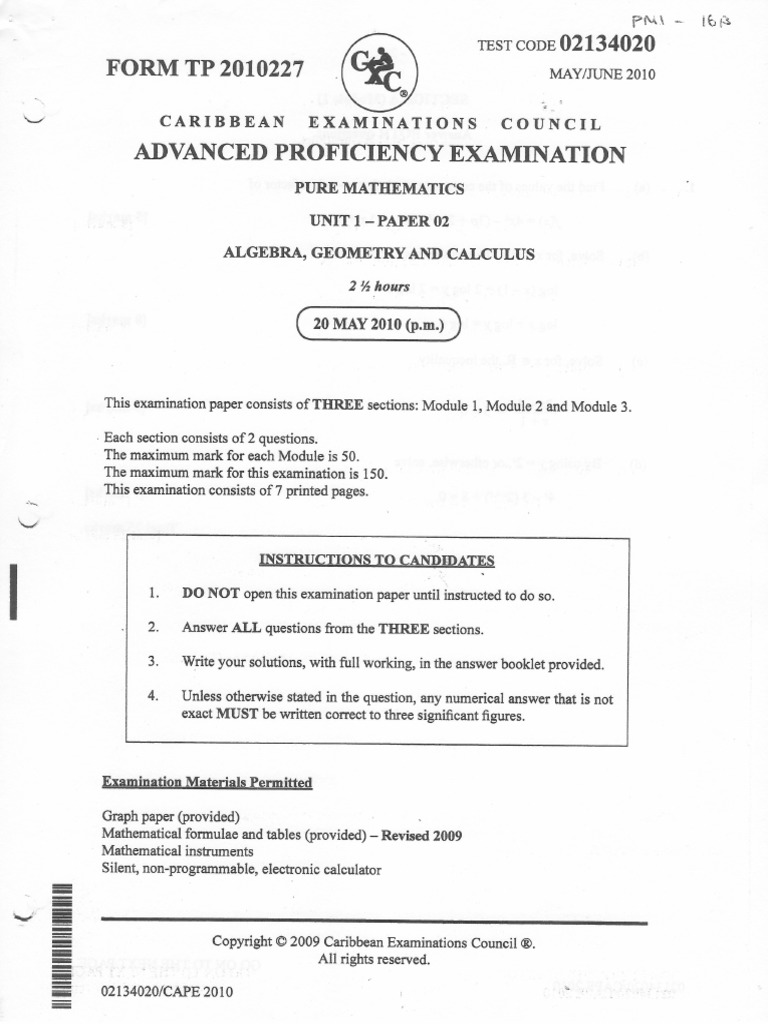 Pure Mathematics Unit 1 2010 Paper 2 | PDF