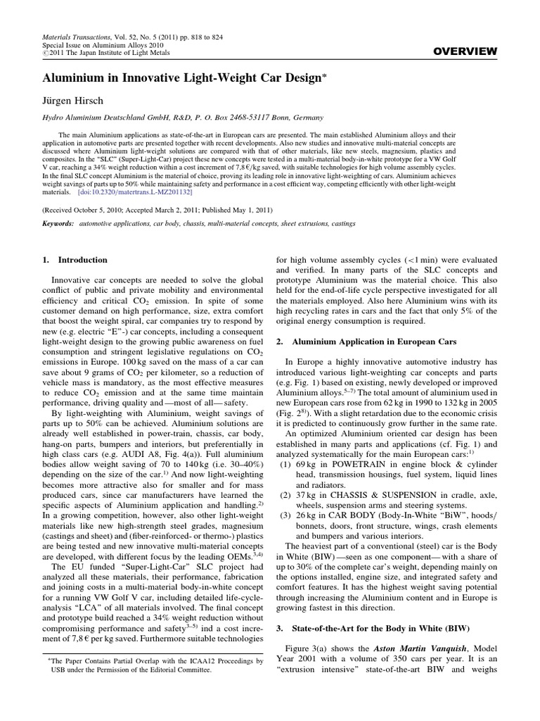 Aluminium in Innovative Light-Weight Car Design PDF | PDF | Aluminium ...