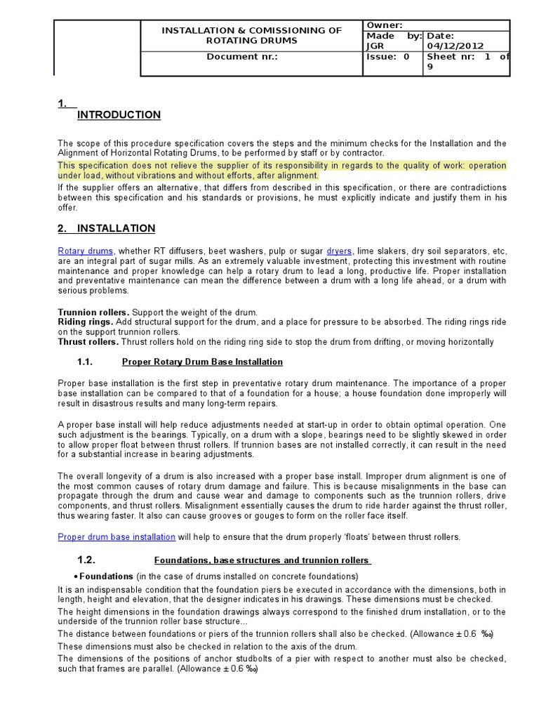 Installation & Alignement of Rotating Drums | PDF | Gear | Bearing ...