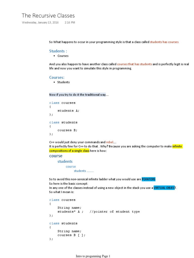 The Recursive Classes | PDF | Pointer (Computer Programming) | C++