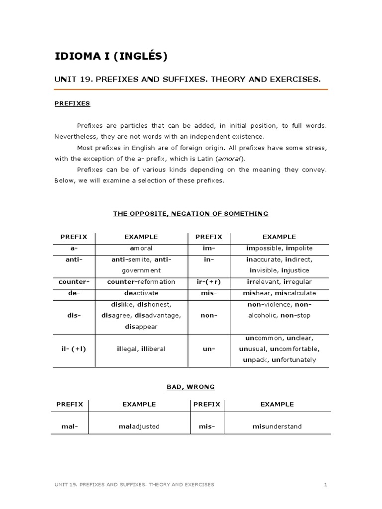 Prefixes and Suffixes. Theory and Exercises | PDF | Verb | Adjective