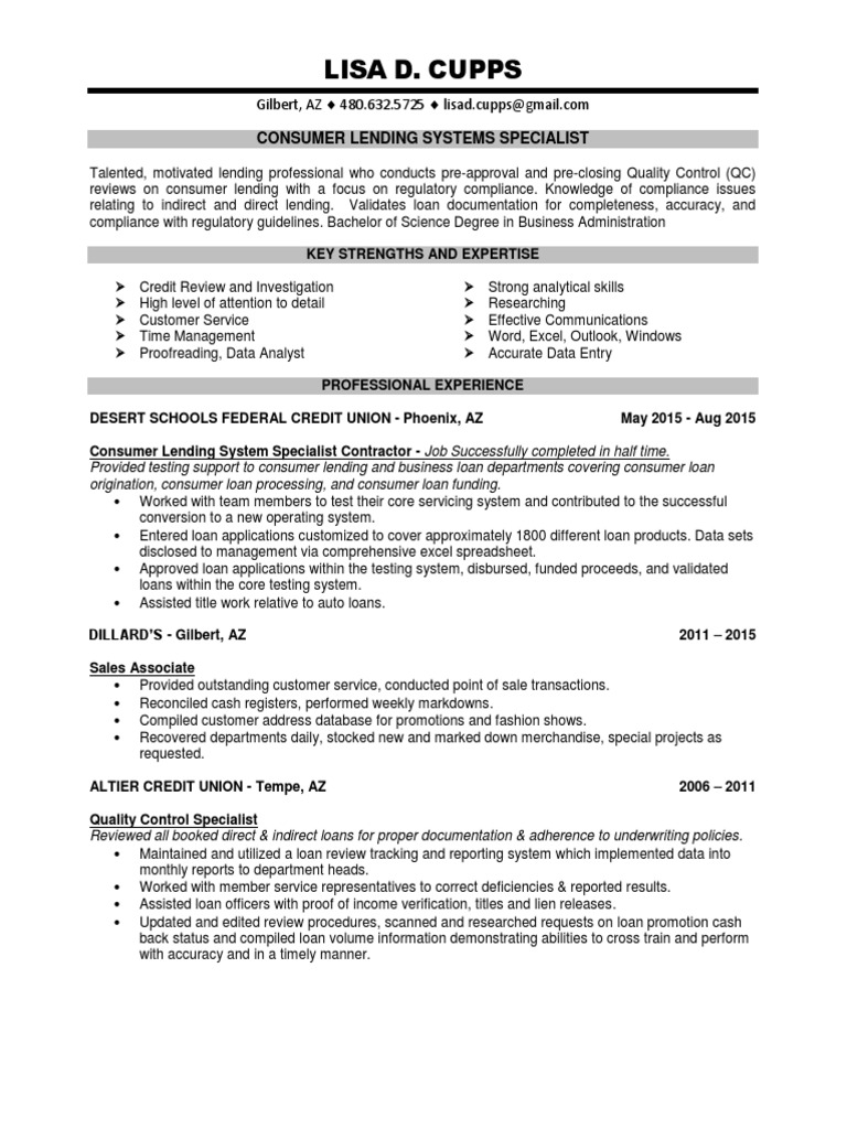 Quality Control Review Specialist in Gilbert AZ Resume Lisa Cupps | PDF ...