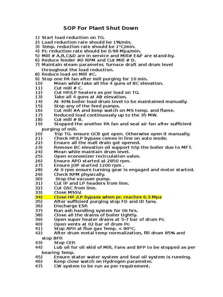 SOP For Plant Shut Down | PDF