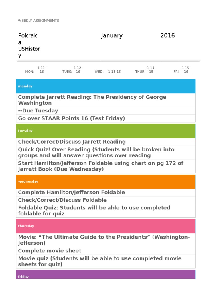 US History Weekly Assignments Guide | PDF | Art