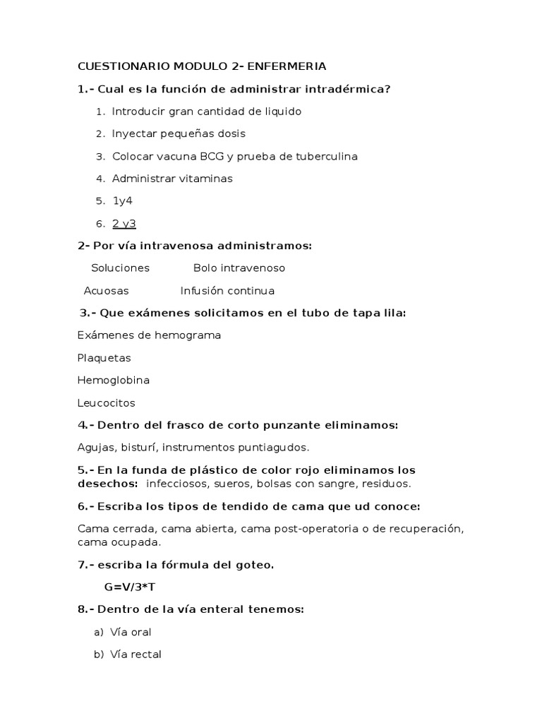 Cuestionario Modulo 2 | PDF | Vena | Terapia intravenosa