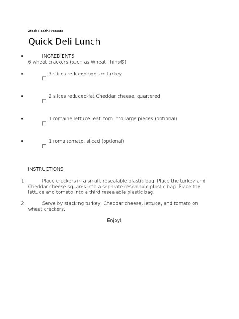 Quick Deli Lunch Recipe with Turkey | PDF
