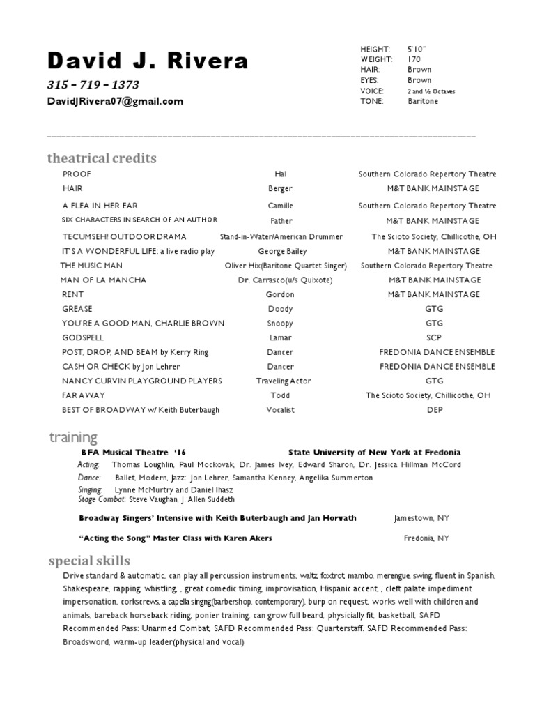 David J. Rivera: Actor Resume & Skills | PDF