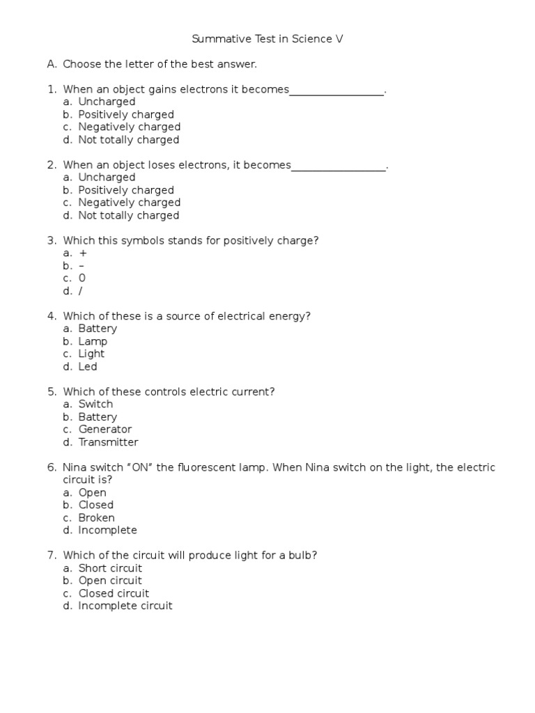 Science V Summative Test Questions | PDF | Series And Parallel Circuits ...