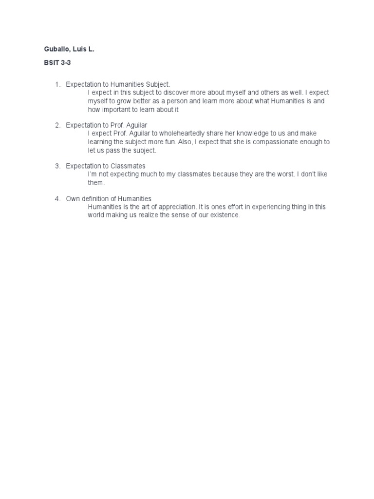 Expectations for Humanities Course | PDF