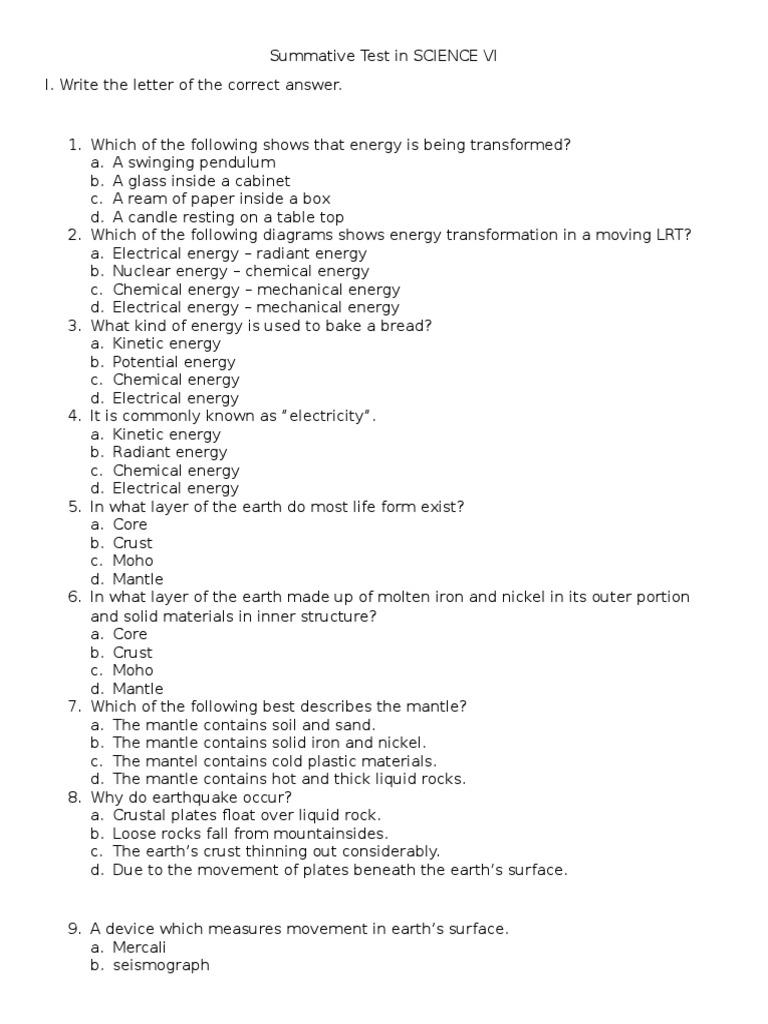 Science VI Summative Test on Energy and Earthquakes | PDF | Earthquakes ...