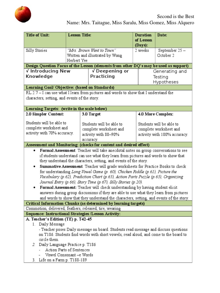 Reading Lesson Plan - Mrs Brown Went To Town | PDF | Pedagogy | Cognition