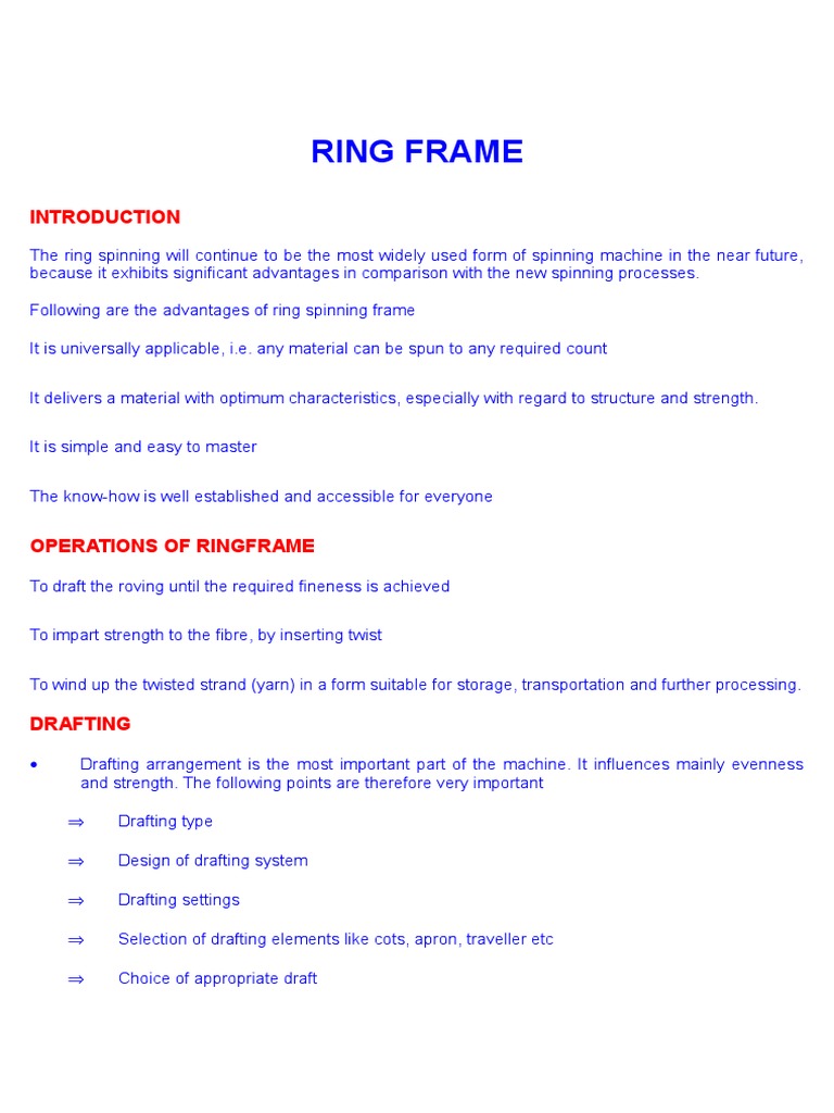 Ring Frame | PDF | Spinning (Textiles) | Yarn
