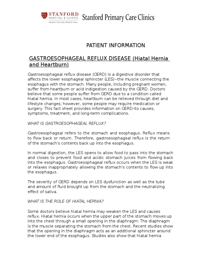 Patient Information Gastroesophageal Reflux Disease (Hiatal Hernia and ...