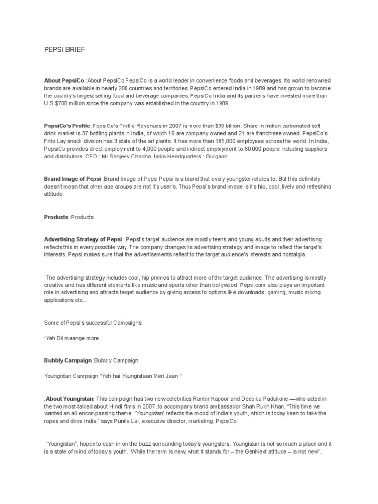 Pepsi Brief | PDF | Pepsi Co | Advertising