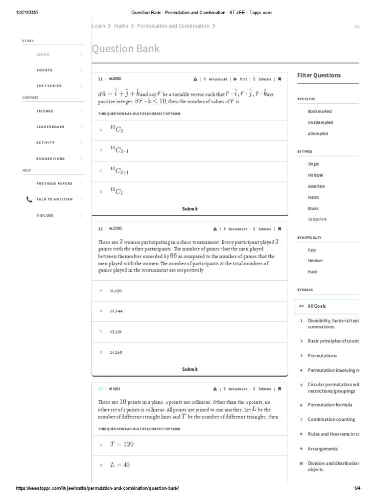 Question Bank - Permutation and Combination - IIT JEE - Toppr2 | PDF | Permutation | Discrete ...