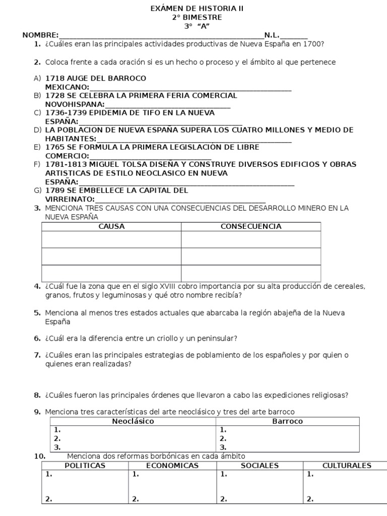 Exámen de Historia II | PDF | Nueva españa | Barroco