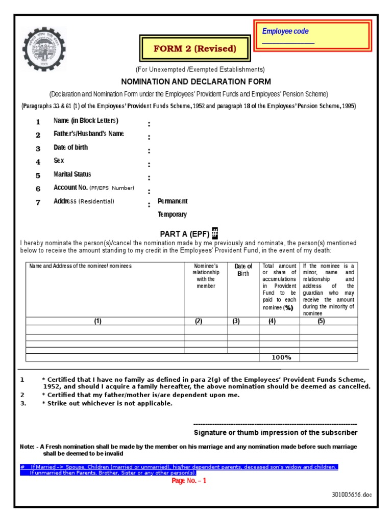 Employee Nomination Form for Provident and Pension Funds | PDF ...