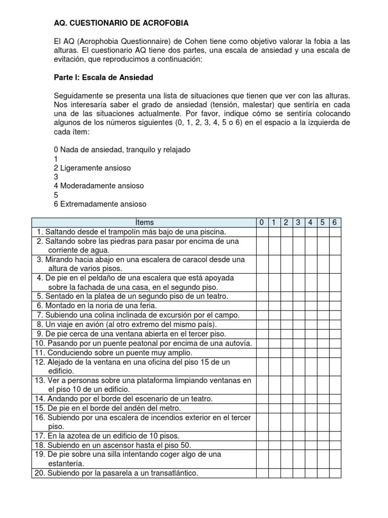 Cuestionario de Acrofobia AQ | PDF | Fobia | Temor