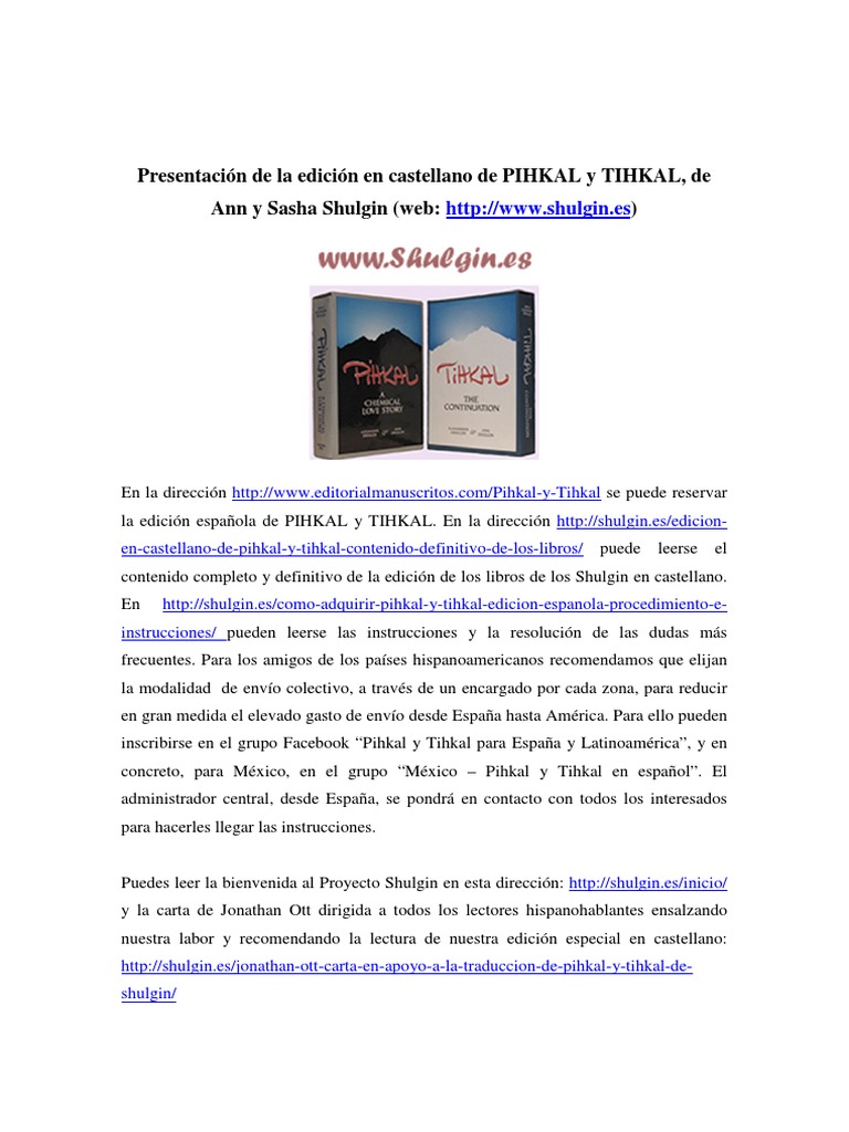 Presentacion de La Edicion en Castellano de PIHKAL y TIHKAL | PDF ...