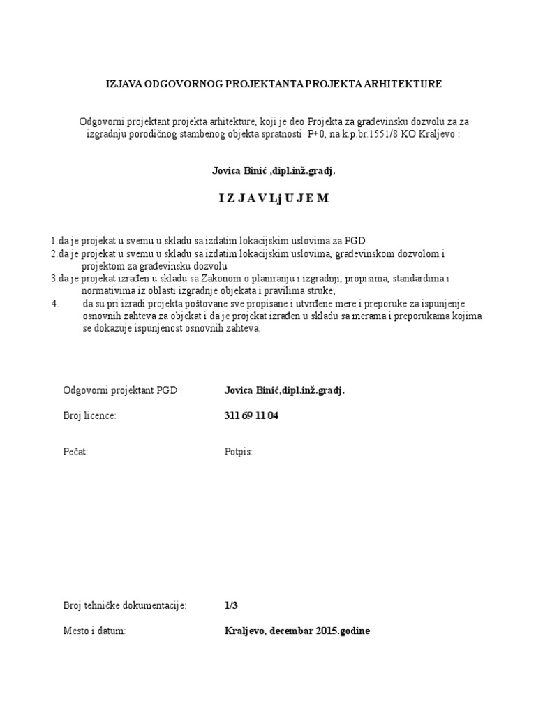 Izjava Odgovornog Projektanta Arhitektura | PDF