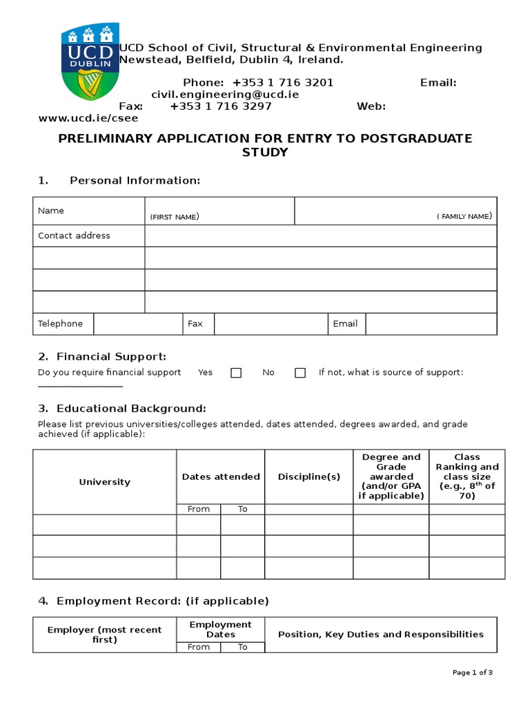 2012 Jan UCD CSEE Postgrad Application Form | PDF | Bridge | Civil ...