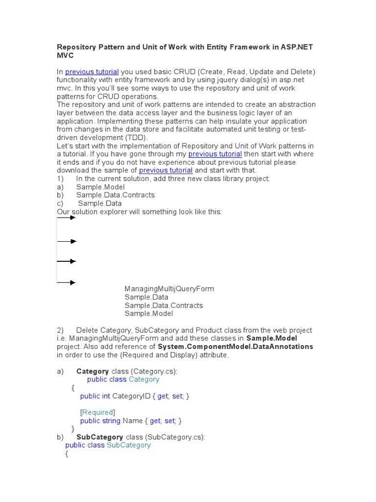 Repository Pattern And Unit Of Work With Entity Framework In Asp Pdf Test Driven Development