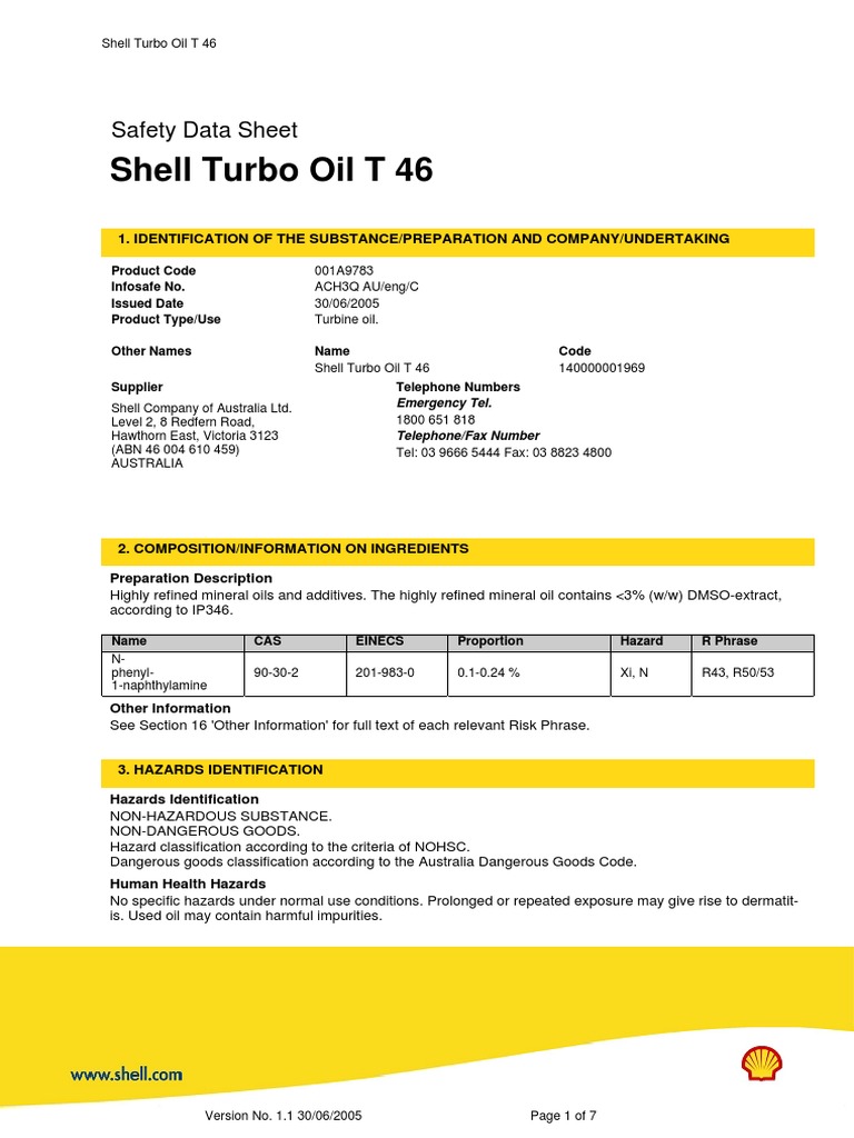 Shell Turbo Oil T 46 (MSDS) 1 | Download Free PDF | Dangerous Goods ...