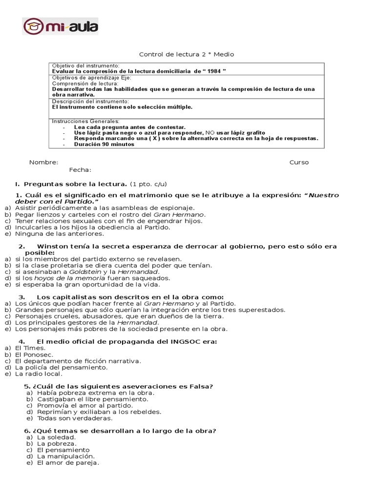 Control de Lectura 1984 2016 | PDF | Totalitarismo | Lectura (proceso)