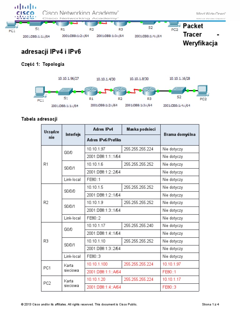8.3.2.5 Packet Tracer - Verifying IPv4 and IPv6 Addressing Instructions - Odt | PDF