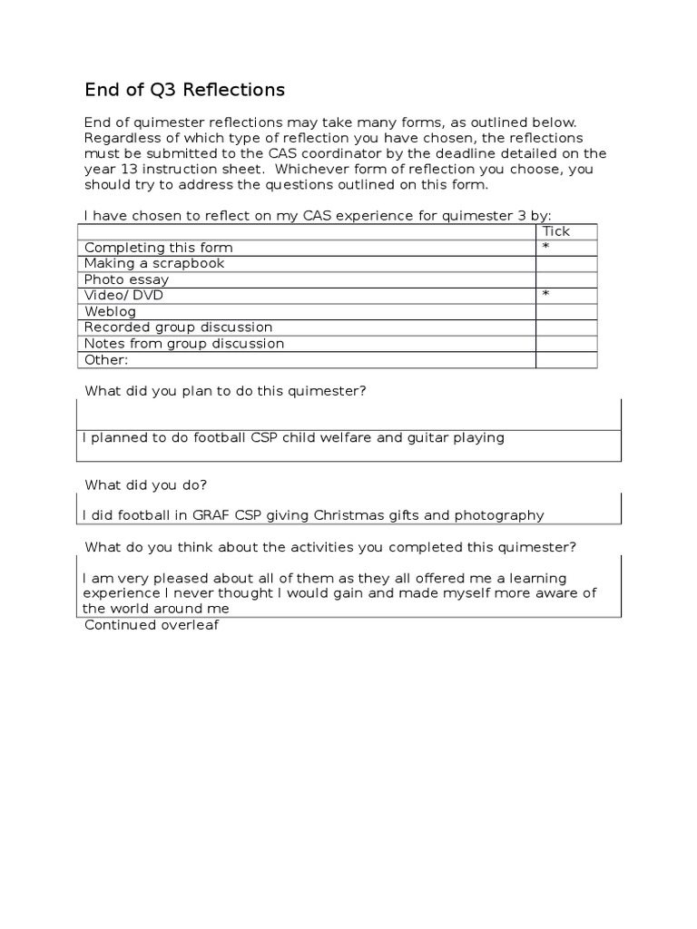 Q3 CAS Experience Reflection Guide | PDF