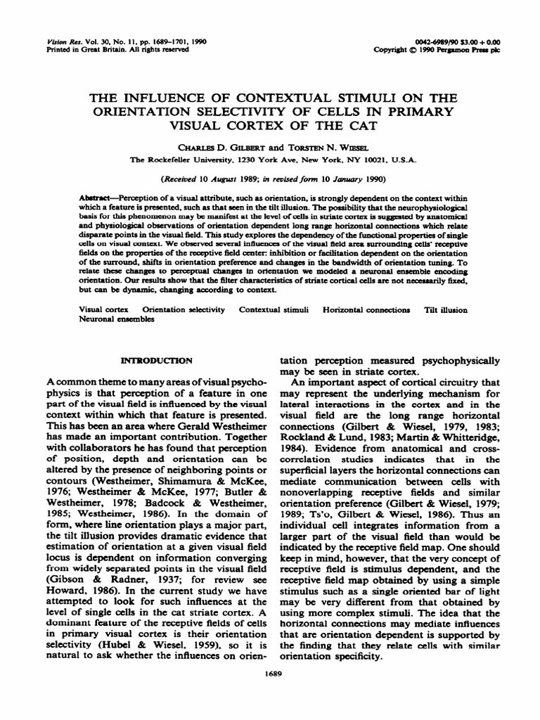 Contextual Stimuli Influence Orientation Selectivity in Primary Visual Cortex | PDF | Visual ...
