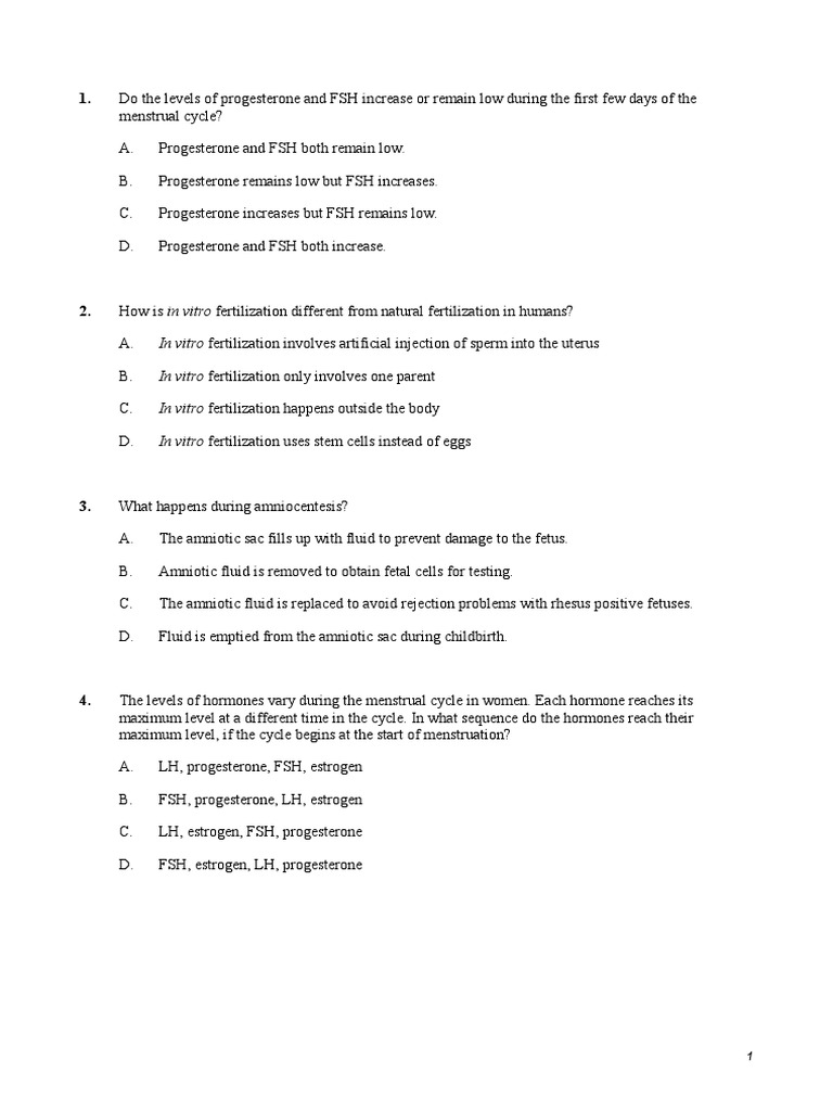 Multiple Choice Questions Reproduction Luteinizing Hormone Menstrual Cycle