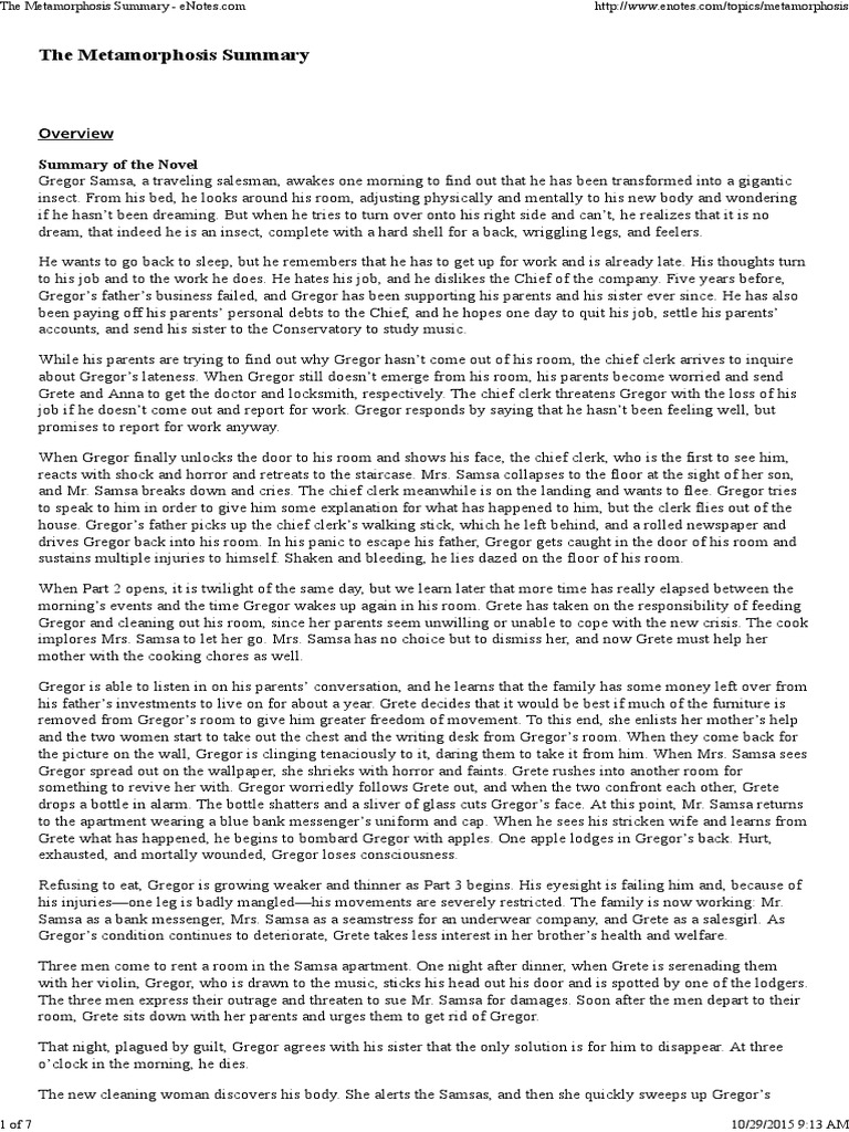 The Metamorphosis Summary - Gregor's Transformation and Family's ...