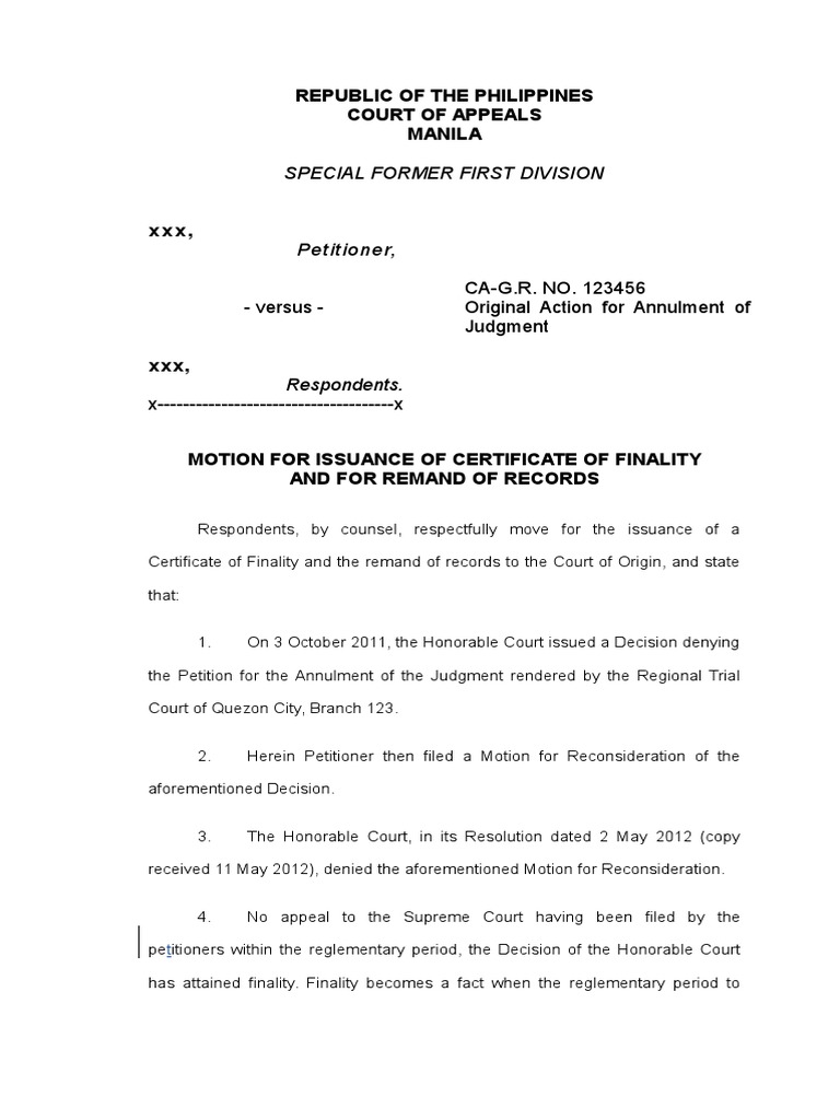 Motion for Certificate of Finality | PDF | Judgment (Law) | Separation ...