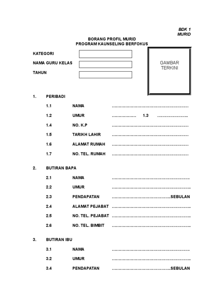 Borang Profil Murid BDK 1 | PDF