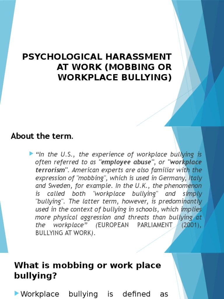 HOMEWORK Psychological Harassment at Work (Mobbing or Workplace | PDF ...