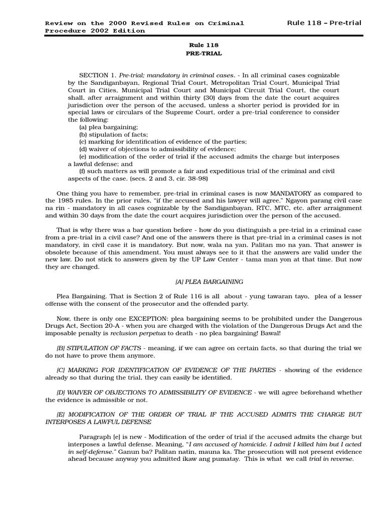 Rule 118 Pre Trial | PDF | Lawsuit | Plea Bargain