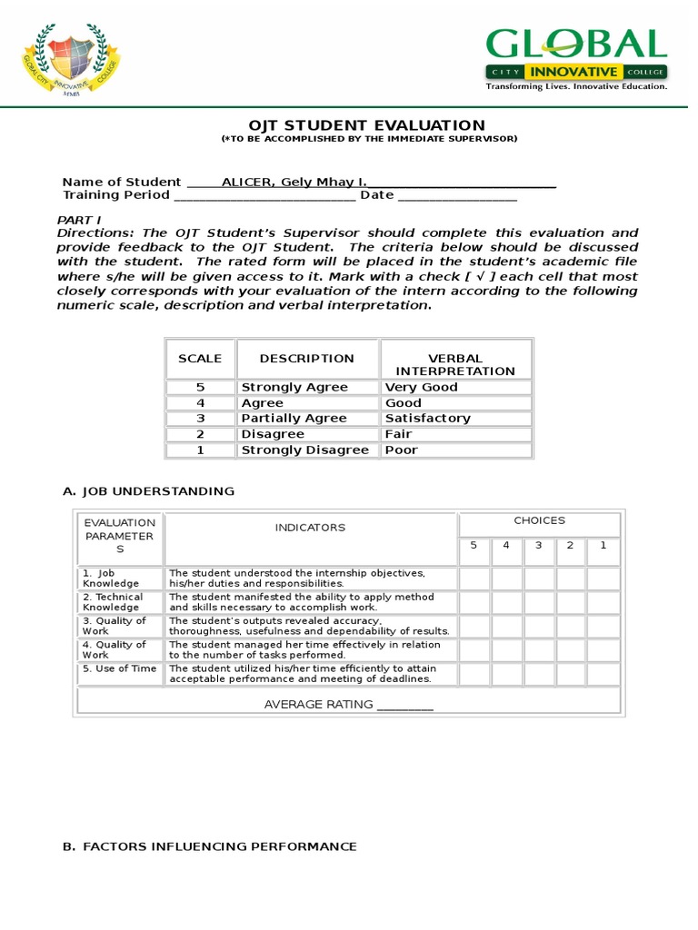 12-Ojt Student Evaluation | PDF | Performance Appraisal | Evaluation