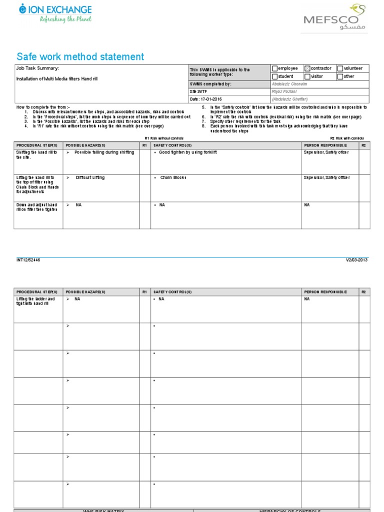 Safe Work Method Statement Template | PDF | Safety | Personal ...