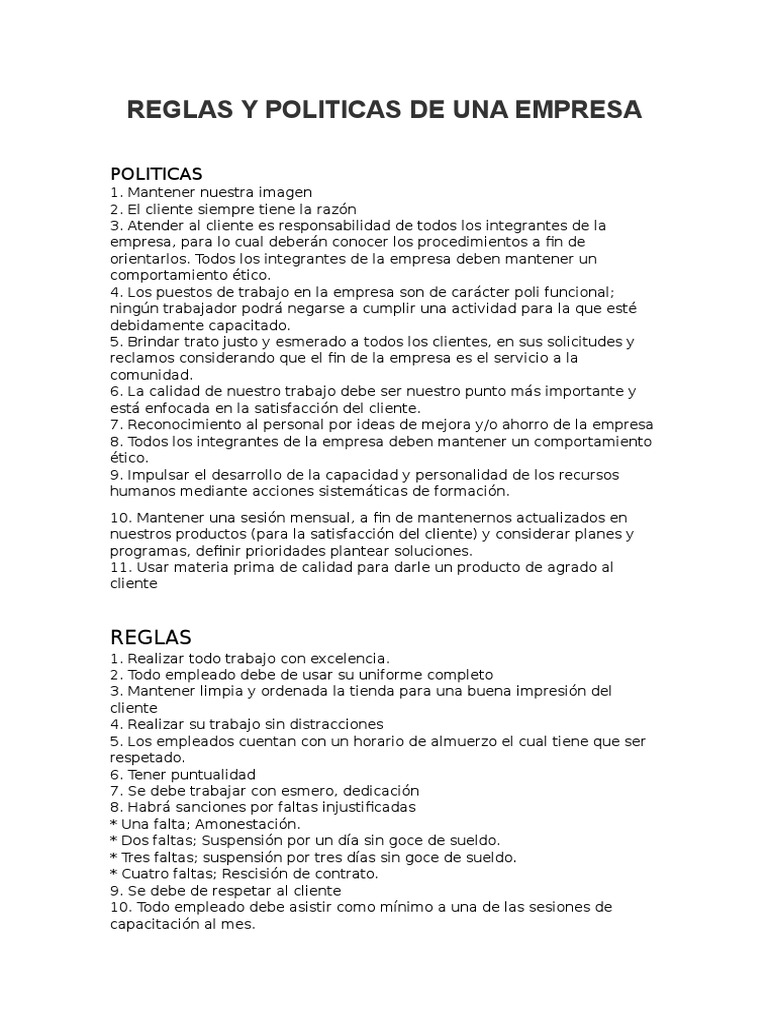 Reglas y Politicas de Una Empresa | PDF | Calidad (comercial ... Reglas y Politicas de Una Empresa | PDF | Calidad (comercial ...