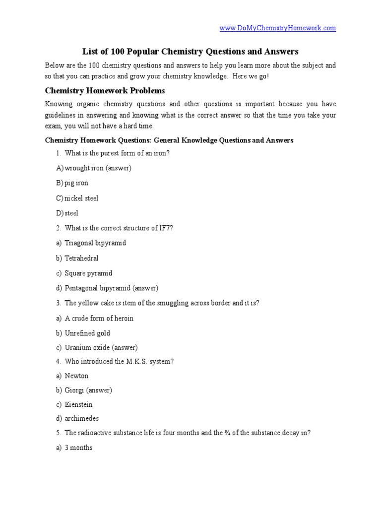 List of 100 Popular Chemistry Questions and Answers | PDF | Proton | Ion